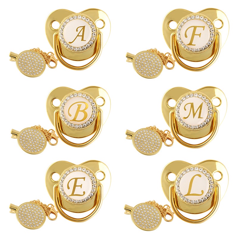 Golden Letter Baby Silicone Pacifier with Fastener, Golden Love Heart ...
