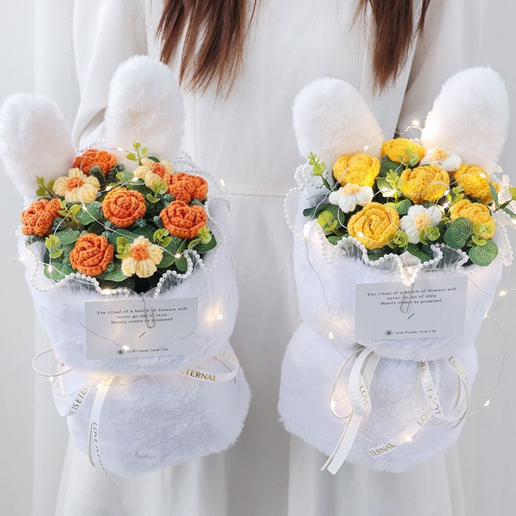 Rabbit Ear Knitted Flower Bundle Rabbit Ear Plush Bouquet Cotton Rope ...