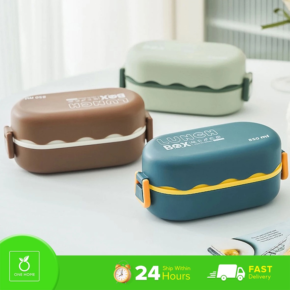 One Home Cute Lunch Box with Spoon Double Layer with Grid Design Bento ...