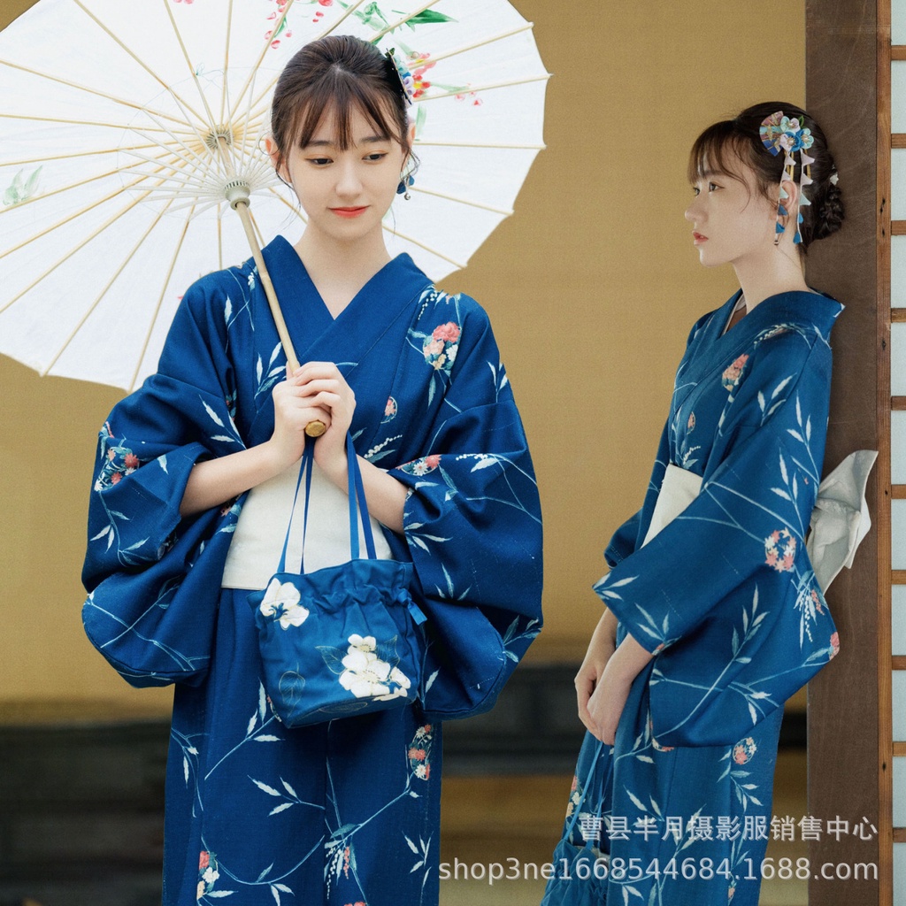 Japanese Improved Retro Style Kimono Yukata Blue Dress 4-Piece Set ...