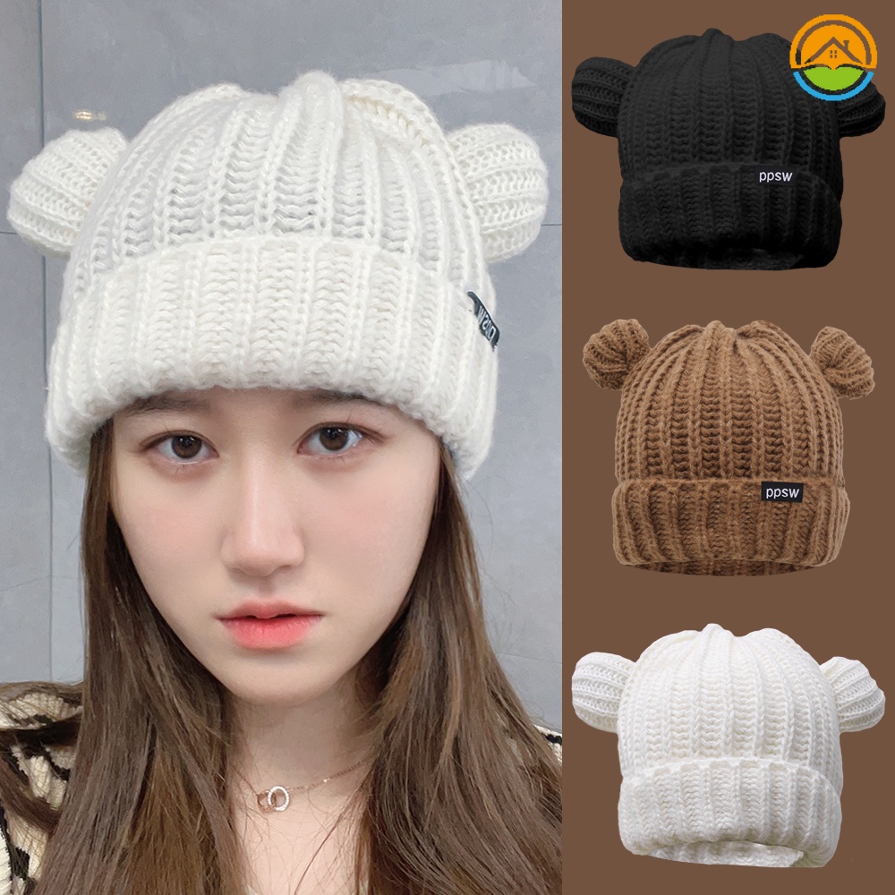 Y2K Sweet Cute Cartoon Bear Ear Wool Handmade Knitted Hat/ Women Fashion Versatile Warm Beanies ...