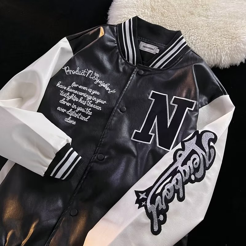 American Retro Letter Embroidered Leather Jacket For Men High Quality ...