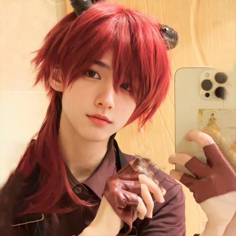 Anime Hairstyle Fluffy Mullet Head Wig for Men, Cool Red Tail Long Hair ...