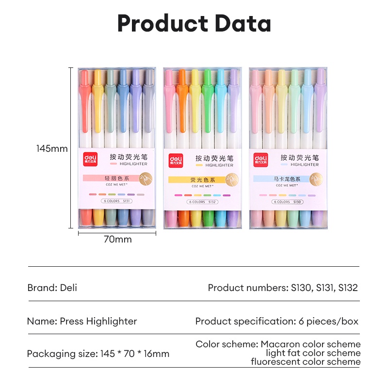 Deli S132 Multicolor Press Highlighter Pen 6 Colors Box | Shopee ...