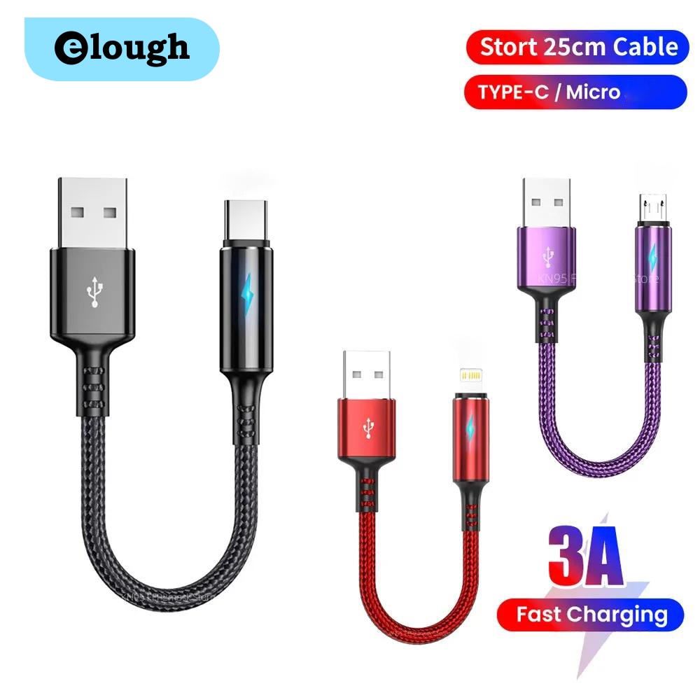Elough 25cm Type C Micro USB Cable Fast Charging Data Cord Short ...
