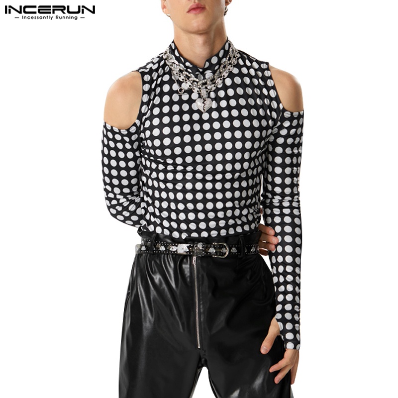INCERUN Men Vintage Polka Dot Shoulder Scoop Long Sleeve T-Shirts ...