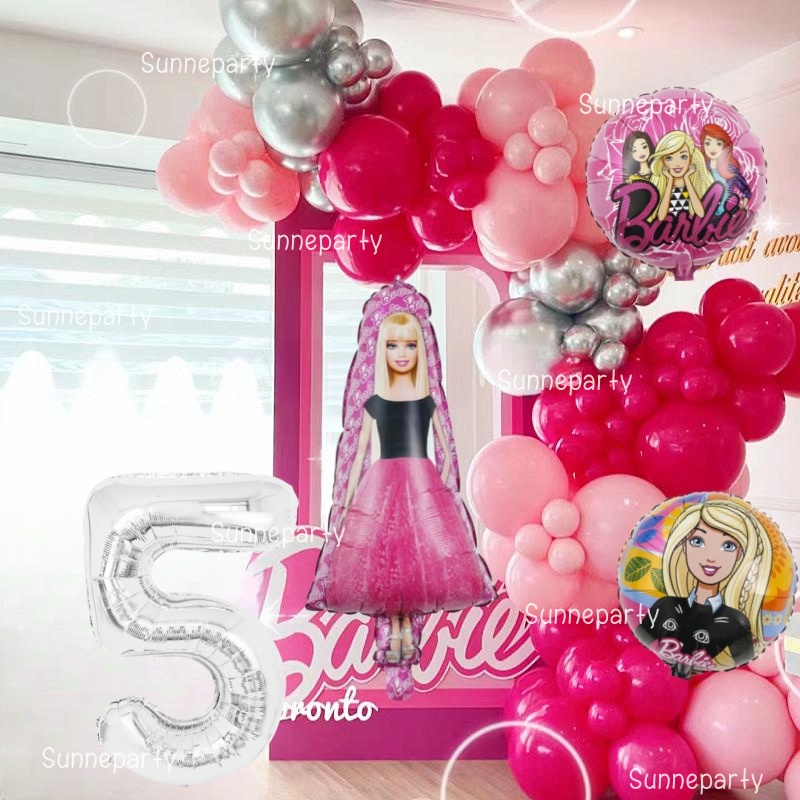 Pink Barbie Doll Theme Garland Arch Kit32inch Silver Number Balloon for ...