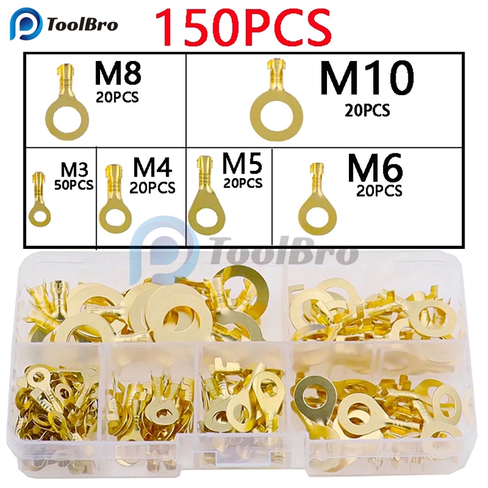 150pcs Insulated Brass Ring Crimp Terminals Wire Connectors Spade ...