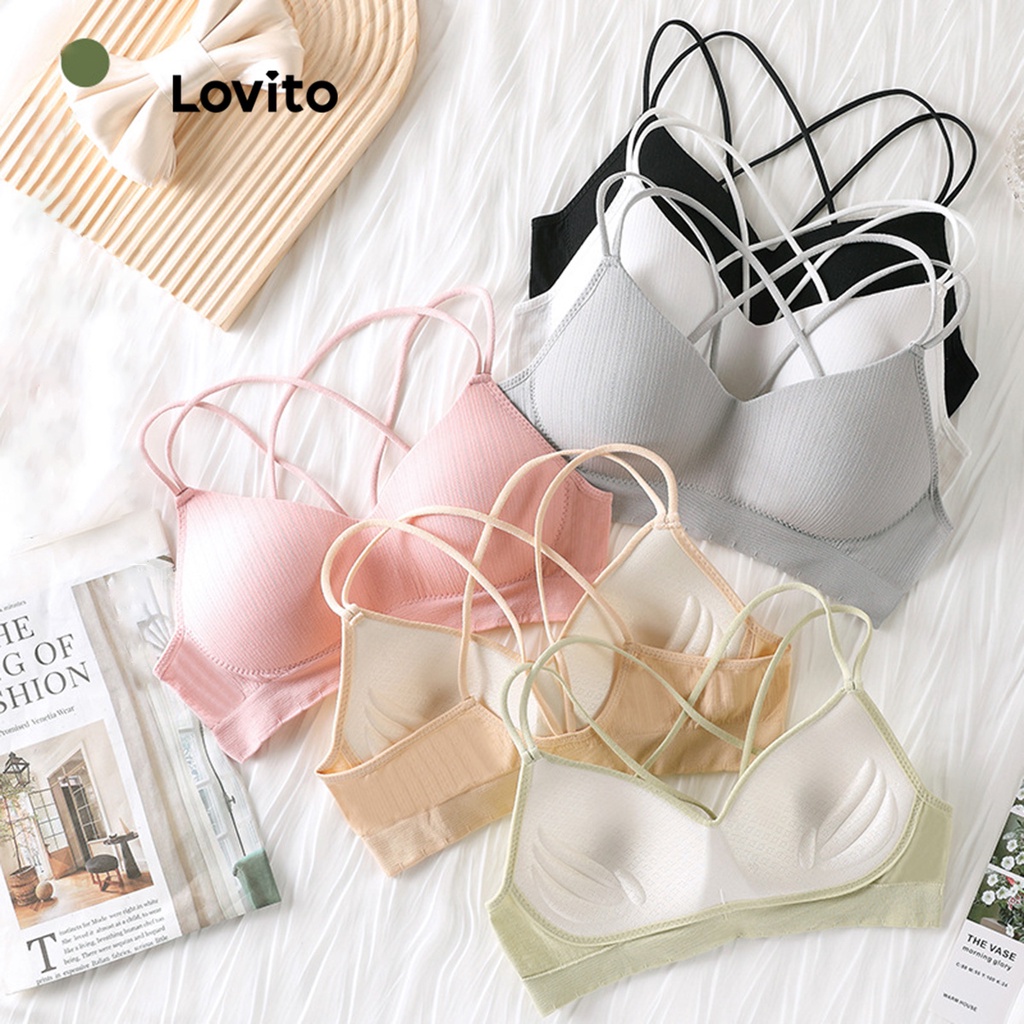 Lovito Women Casual Plain Criss Cross Bralette LNL35094 (Apricot/Light ...