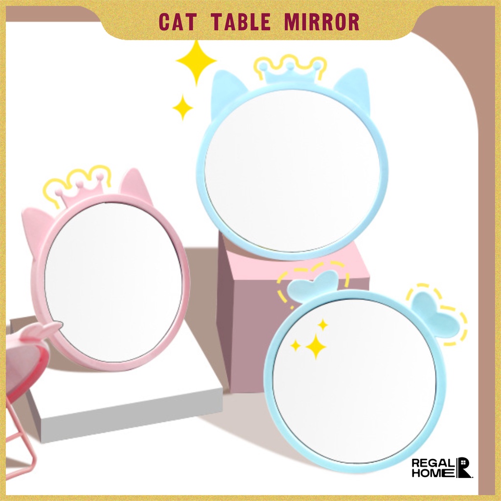 Cute Table Mirror Cat Mirror w/ Back Stand Crowned Cat Portable Mirror ...