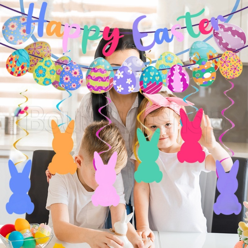 Ribbon Bunny Pulling Flag - Colored Painting Egg Card Pendant - Happy ...