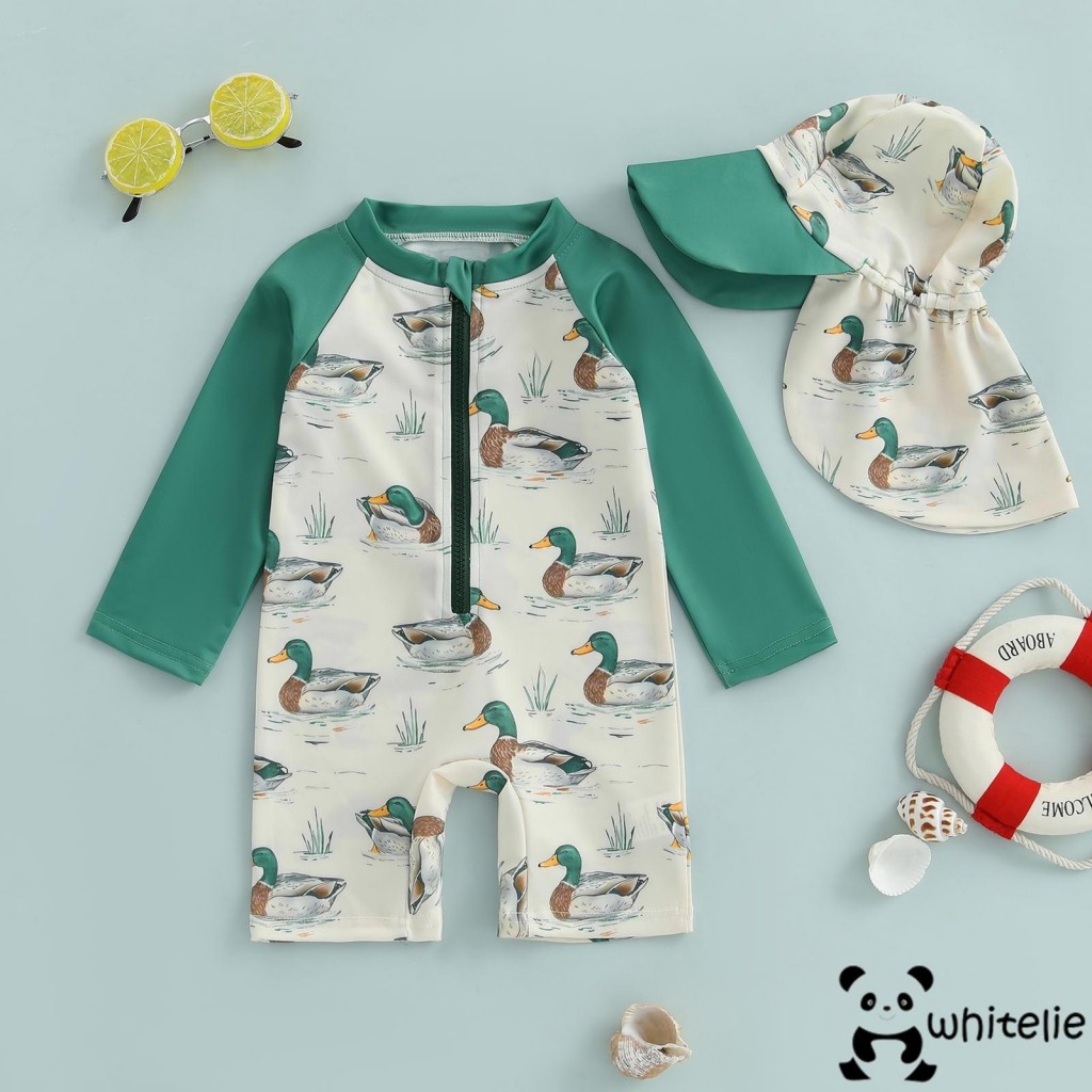 We-Toddler Boy Rash Guard Swimsuit with Hat 2 Pcs Set Duck Pattern Zip ...