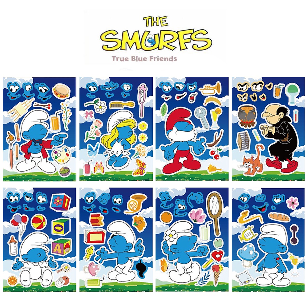 8 Sheets/set Cartoon The Smurfs Puzzle Sticker Children's Anime DIY ...