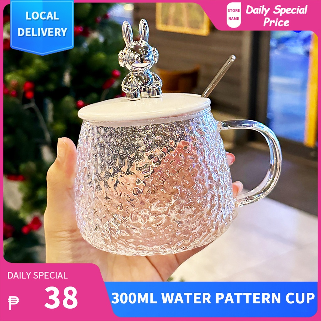 300ml Cute Glass Cups Water Pattern Ins Style Coffee Cup with Lid ...