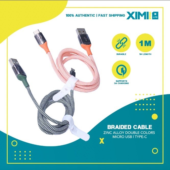 XIMI Vogue Zinc Alloy Double Colors Braided Type-C and Micro Data Cable ...