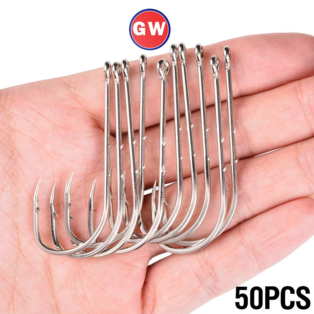 50Pcs Set Long Handled Hook High Carbon Steel Fishhook Sharp with Double Barbed Fishing Tackle ...