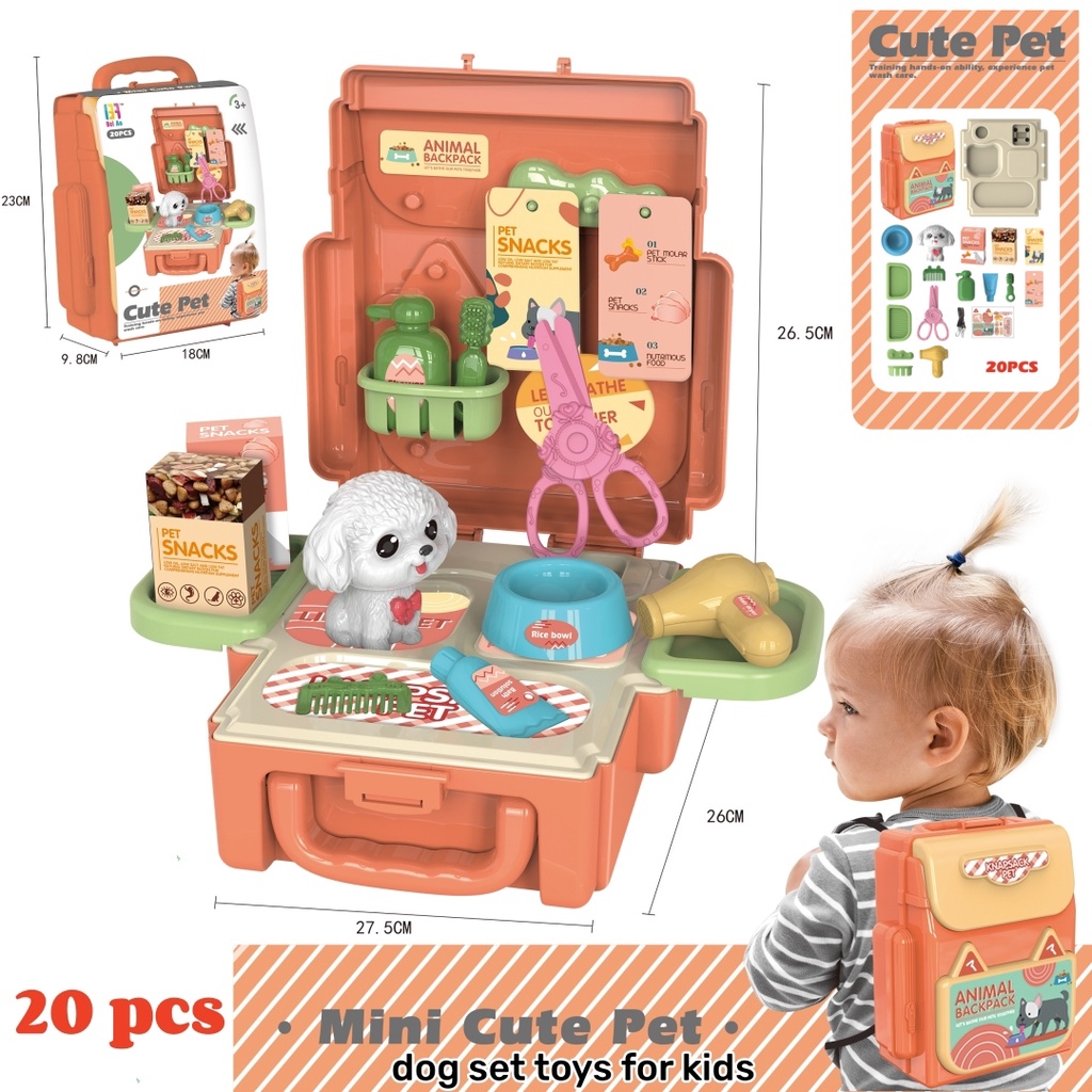 20 pcs Mini Cute Pet Dog Set for Kids Girl Bagpack Pretend Play House ...