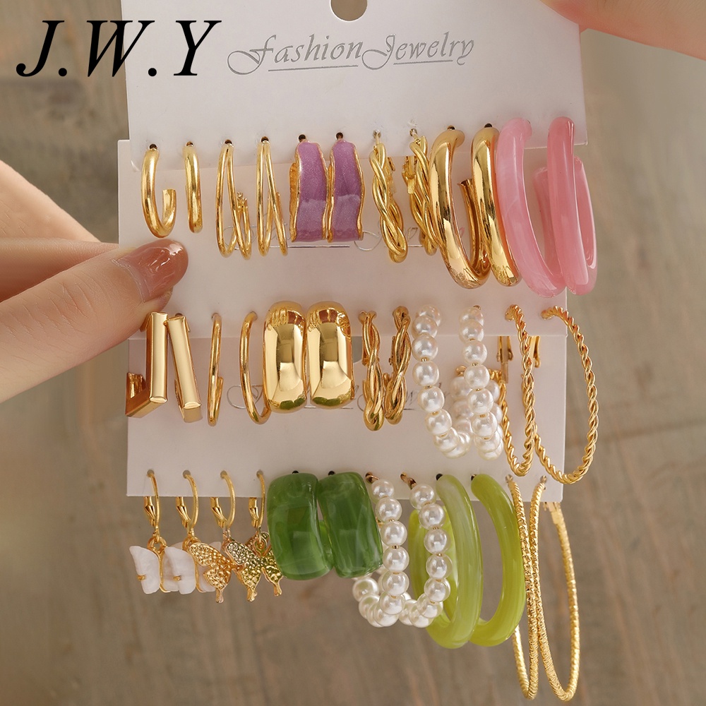Fashion Colorful Resin Earring Set Butterfly Pearl Gold Hoop Earrings ...