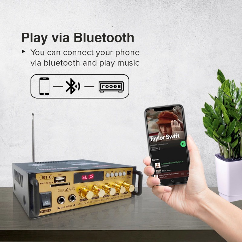 300W+300W Digital Hifi Bluetooth Stereo Audio Amplifier Fm Radio Usb BT-198A 12V 220V HIFI Mini ...