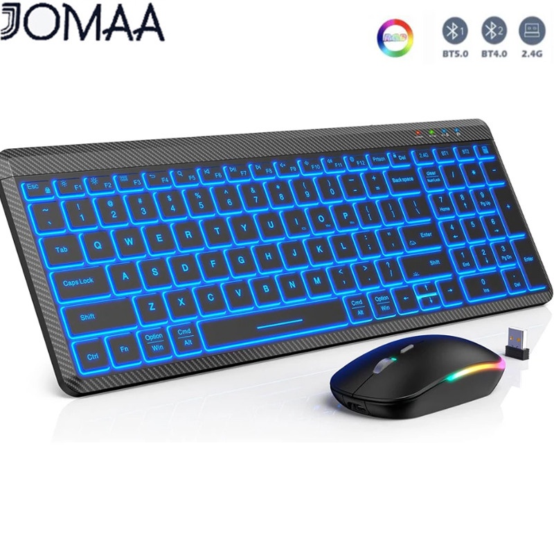 Jomaa Bluetooth +2.4G Wireless Keyboard and Mouse Backlit Slim Rechargeable Multi-Device ...