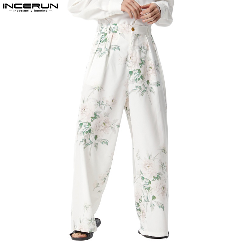 INCERUN men's fashionable floral design straight leg pants | Shopee ...