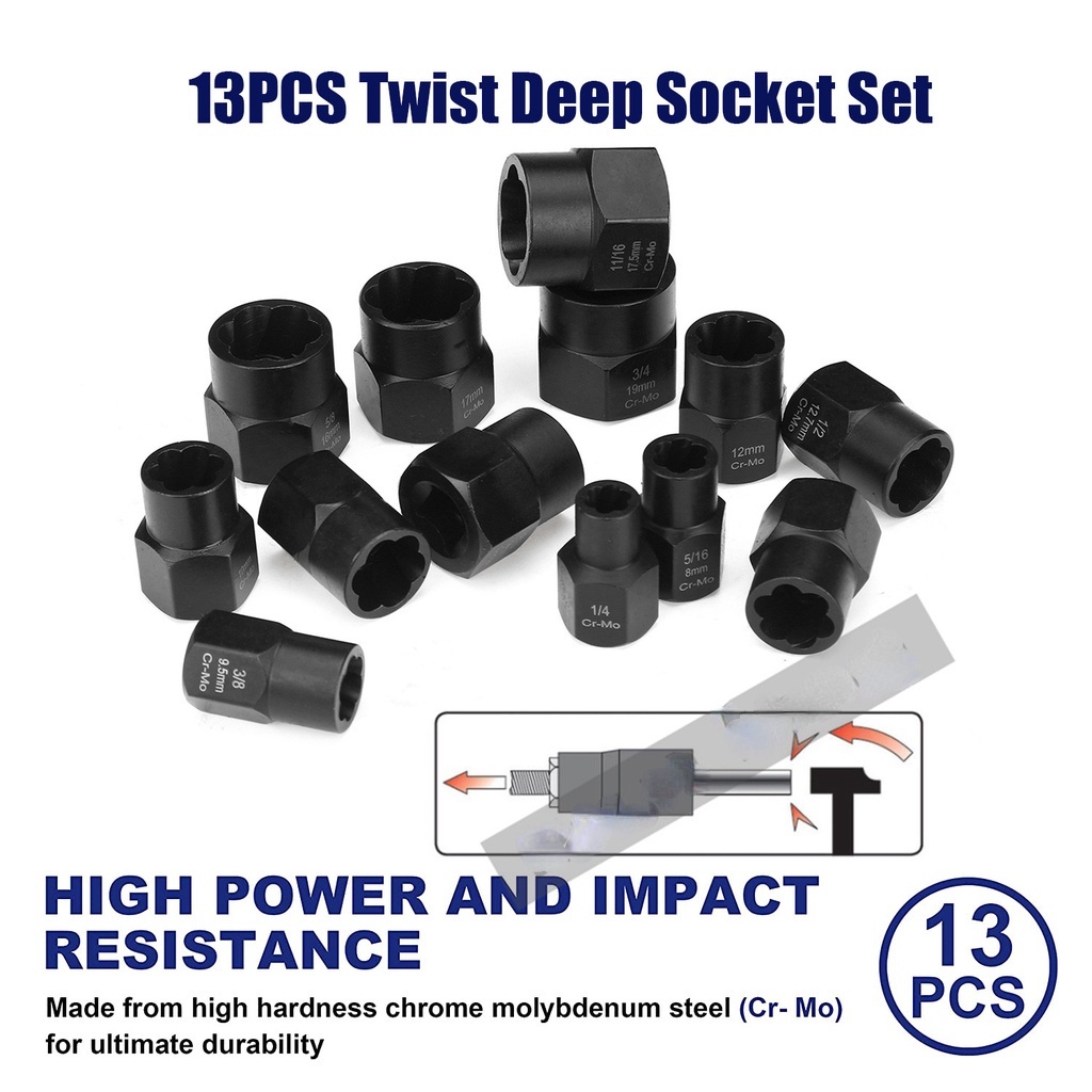 13pcs Impact Stud Socket Extractor Set Damaged Nut Bolt Remover 3/8 ...