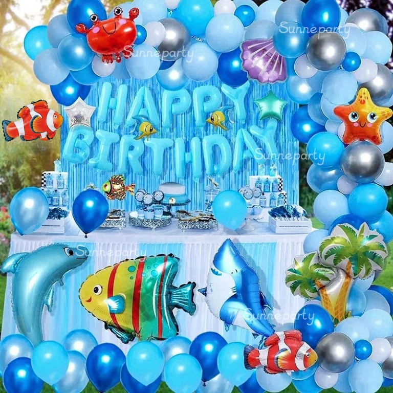 Ocean Anilmal Baby Shark Happy Birthday Banner Blue Latex Balloon ...