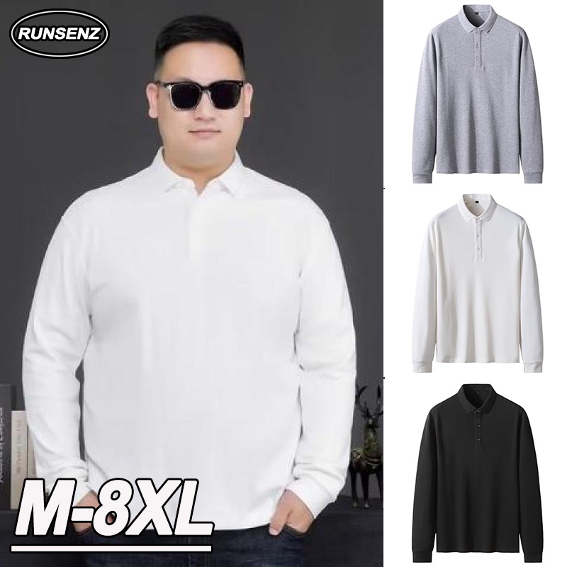 M-8XL Basic Plain Polo Shirt Men Plus Size Long Sleeve T Shirt Causal Loose Simple Top Fat Man ...
