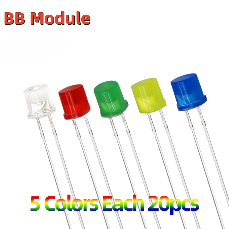 100pcs 5mm Flat Top White Red Yellow Blue Green Assorted Kit Lamp Diode ...