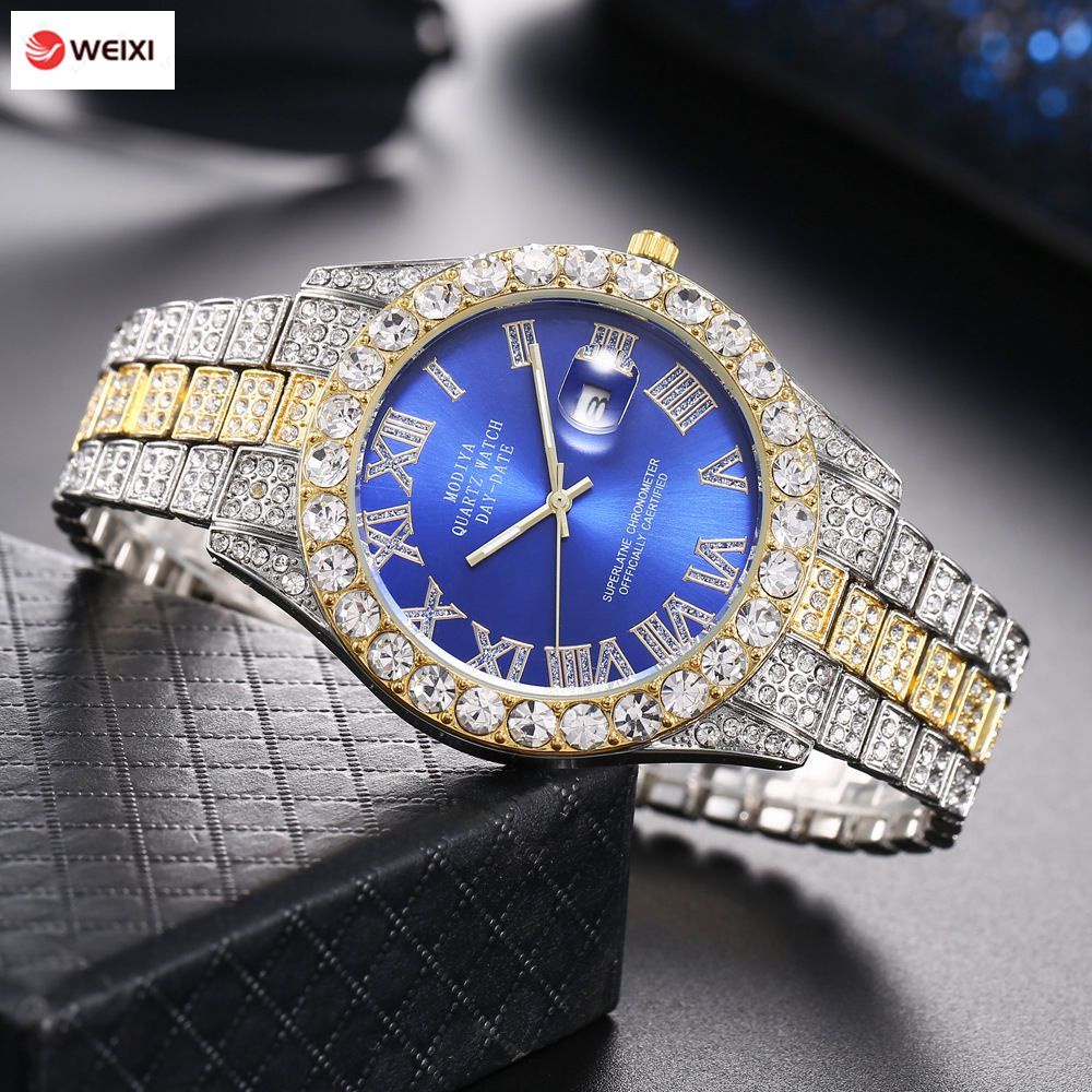 Rhinestone Calendar Full Diamond Face Men's Watch Roman Scale Alloy ...
