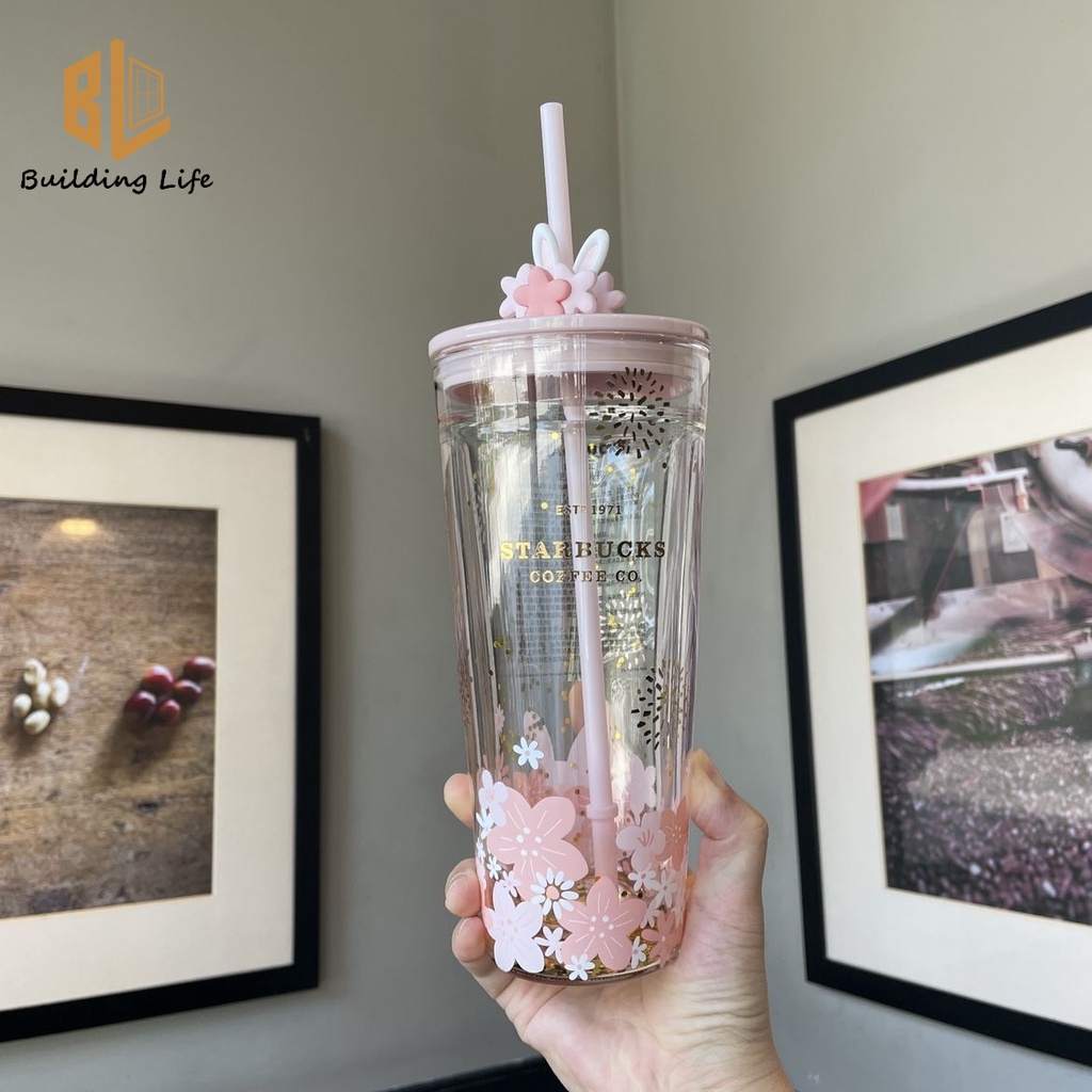 Starbucks Cup Sakura Double Layer Glass Straw Cup with Straw Cap ...