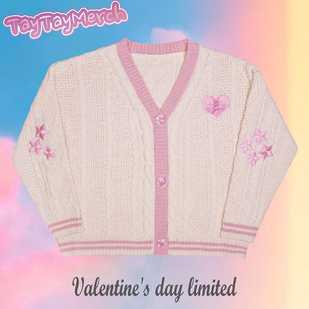 Taylor Swift Cardigan Lover Pink Heart Embroidered Women's Sweater 18 ...
