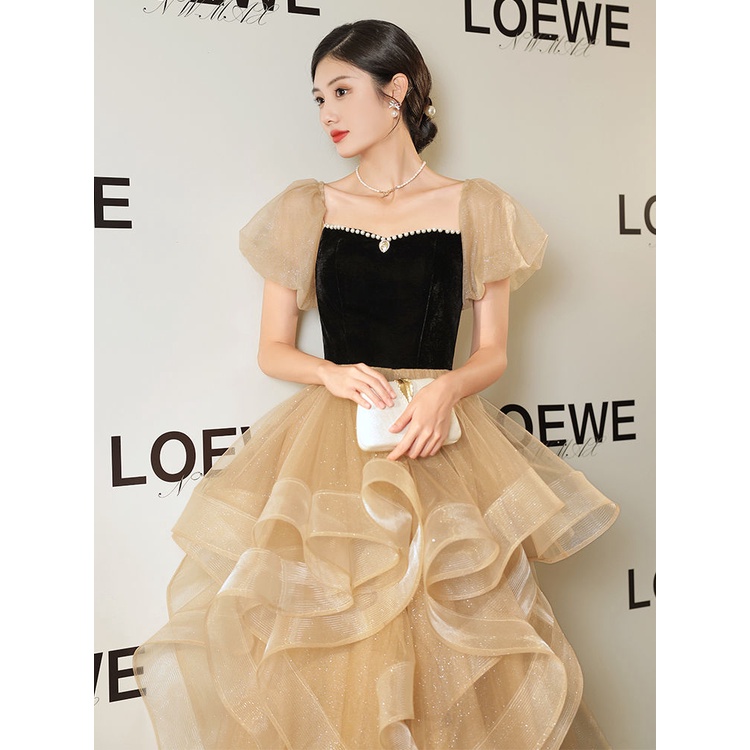 Hawlife Korean Black Champagne Retro Elegant Puff Sleeve Prom Cocktail ...