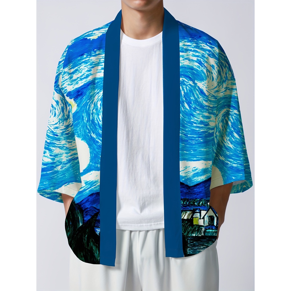 Men's Casual Starry Night Loose Fit Open Front Shirt, Male Clothes For ...