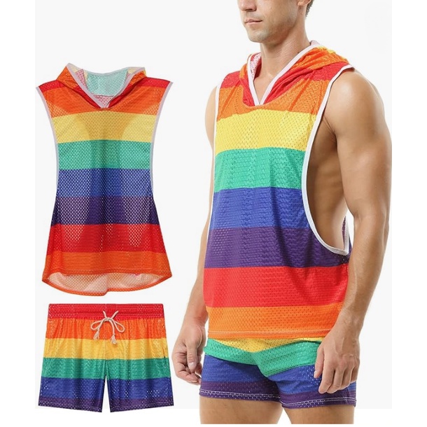 Mens Rainbow Tank Top Sexy Fishnet Sleeveless Y-Back Muscle Mesh Vest ...