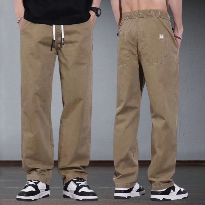 Straight tube plain color long pants elastic long pants American loose ...