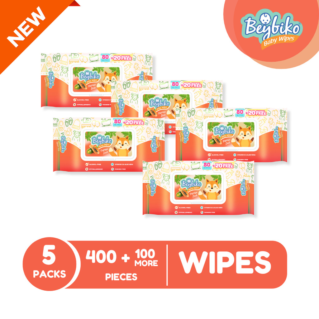 Beybiko Baby Wipes Papaya Lush 80 sheets + 20 sheets free X 5 Pack ...