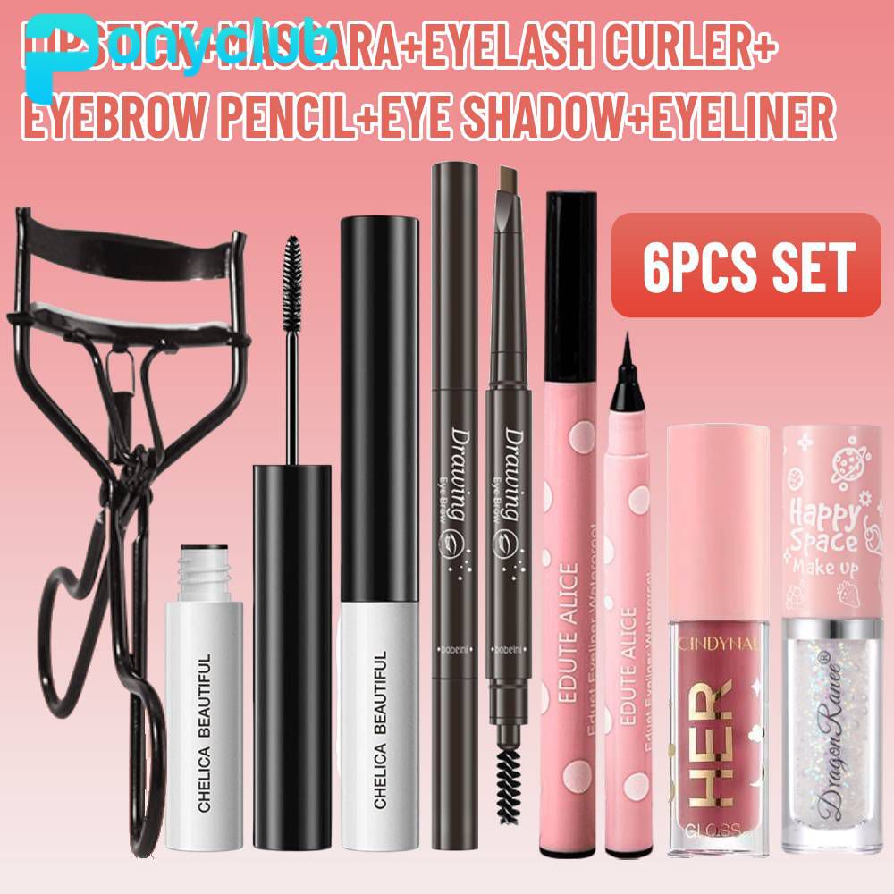 6Pcs EYE Makeup Set Waterproof Mascara Eyelash Curler Black Eyeliner ...
