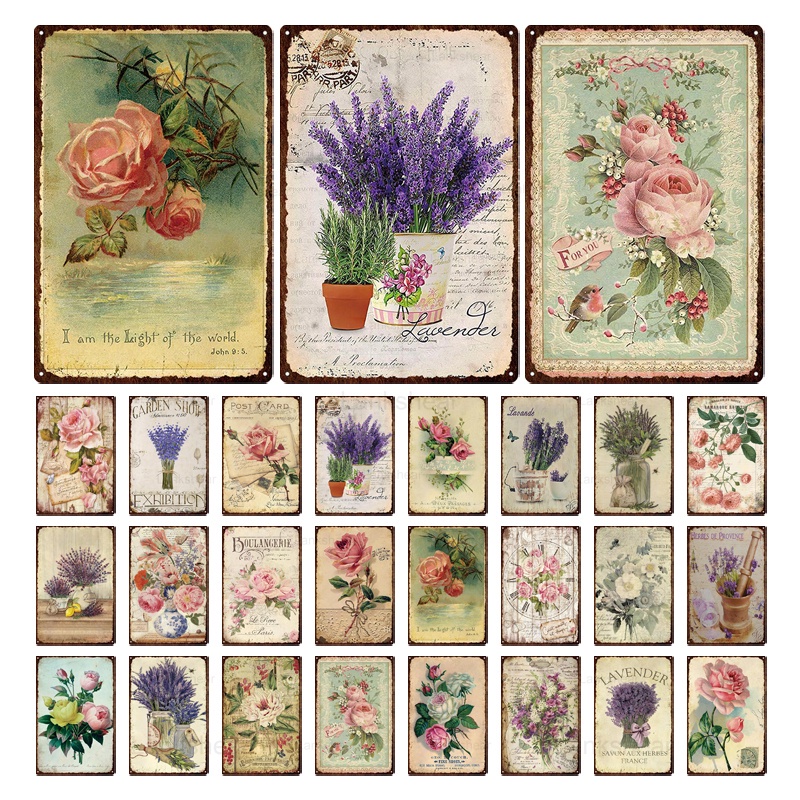 Retro Lavender Rose Flower Shabby Chic Tin Sign Metal Plate Iron Poster ...