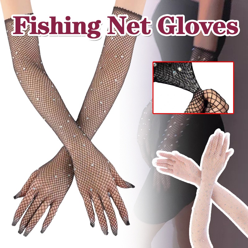 Shiny Rhinestone Fishnet Gloves Retro Mesh High Elastic Mesh Color ...