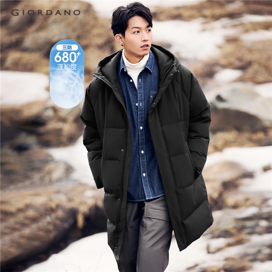 GIORDANO MEN Big pockets hooded long duck down jacket 01073679 | Shopee ...