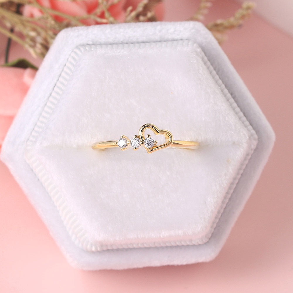 Japanese Korean Fresh Small Diamond Heart Thin Ring Female Plated 14K Gold Hollow Three Diamond ...