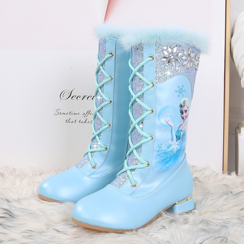 Elsa Princess Boots Girls High Heel Boots Children's Tube Boots Fleece ...