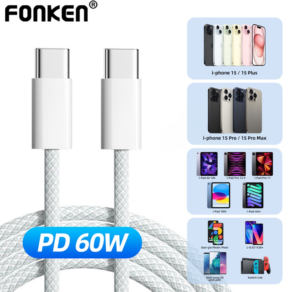 Fonken USB-C to Type-C Braided Cable For iPh-one 15 Pro Max PD 60W Fast ...