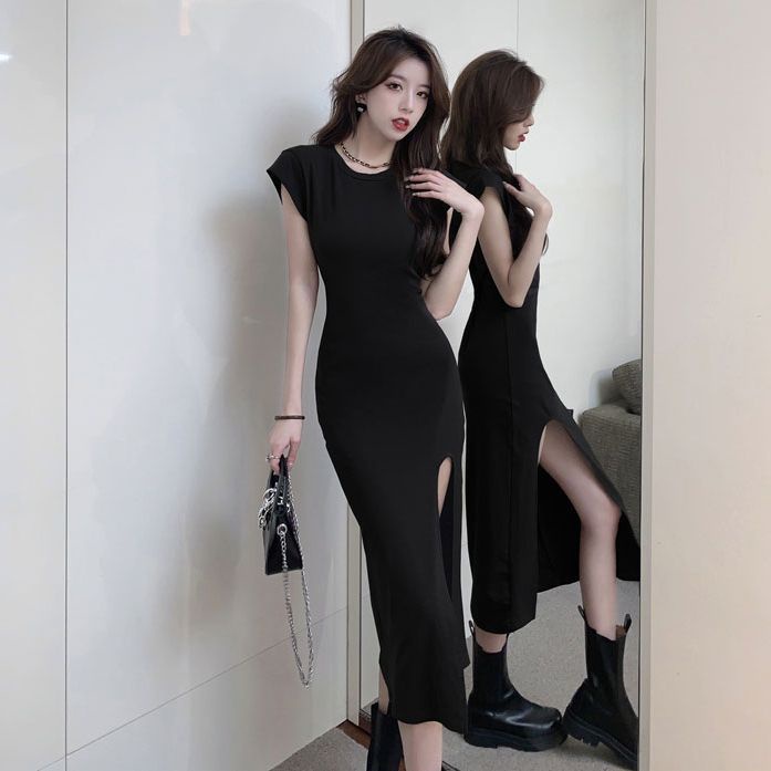 Dress Women's Summer Round Neck Short Sleeve Wrap Hip Dress Sexy Slim ...