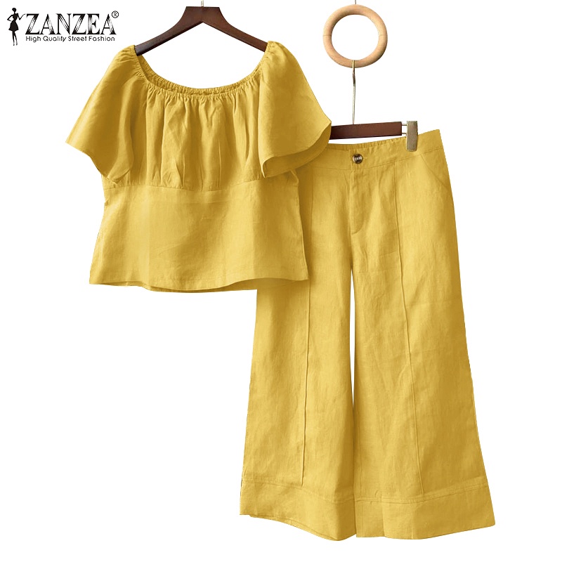 Zanzea Women Vintage Plain Color Casual O Neck Puff Sleeve Daily Sets