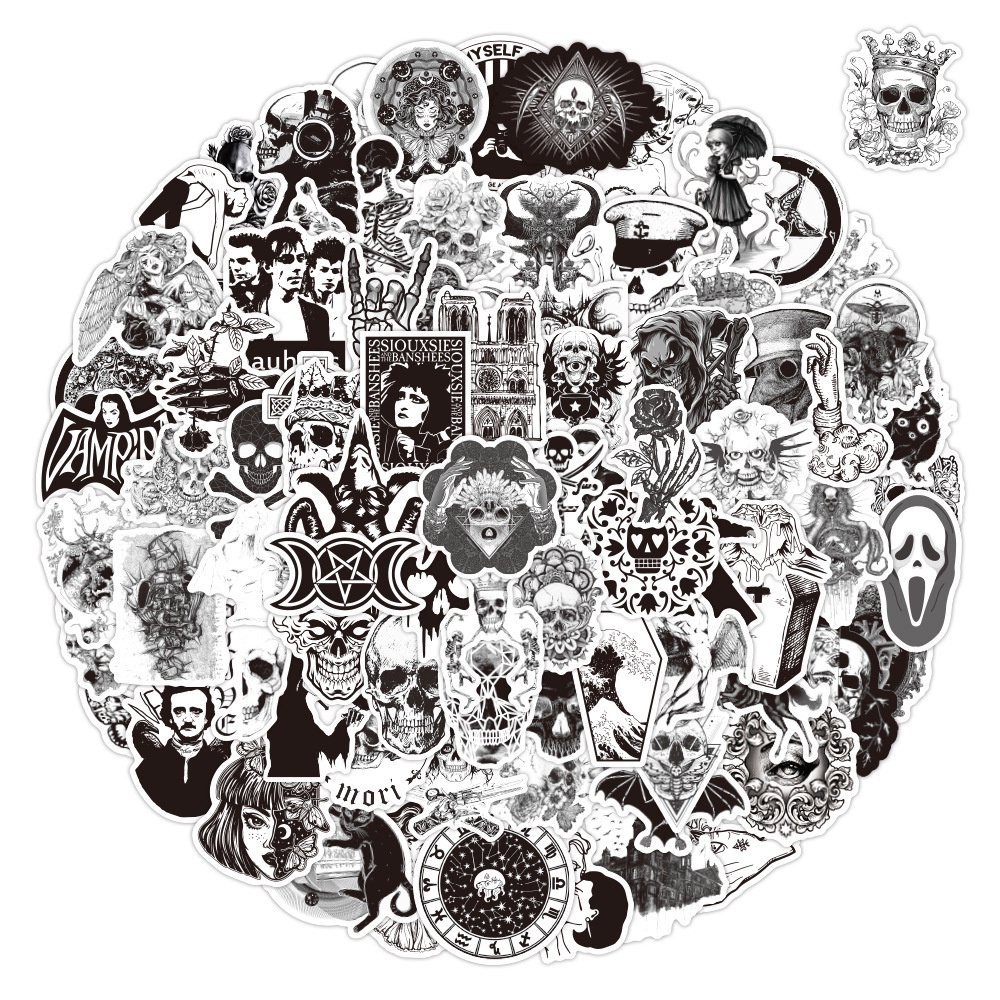 100Pcs/Set Gothic Punk Skull Art Series A Funny Black & White Stickers ...