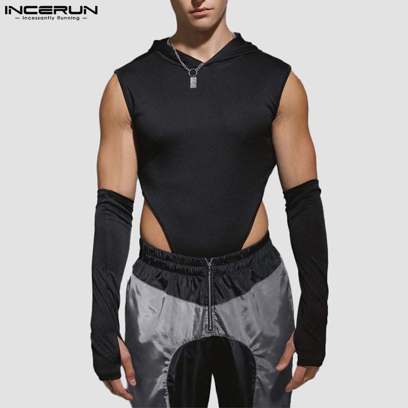 INCERUN Men Hooded Sleeveless Side High Split Solid Color Bodysuits ...