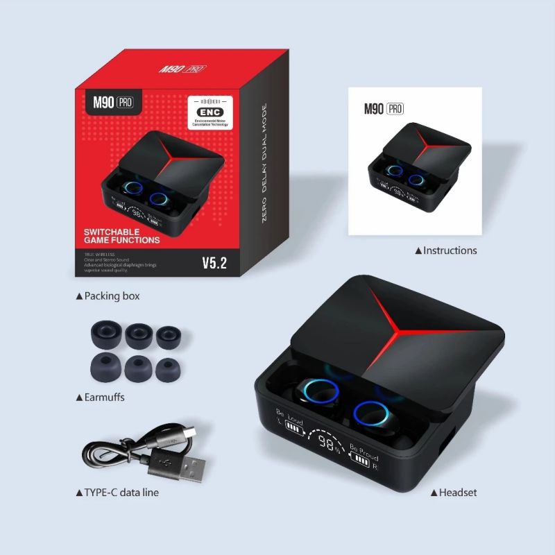 Bluetooth Earphone M90 Gaming Wireless Headset Slide Design With LED ...