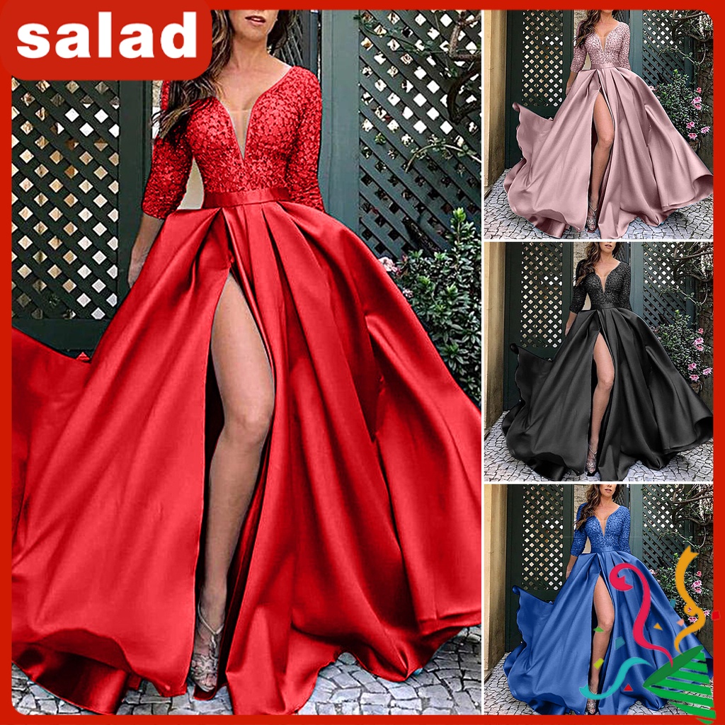 COD-Dress Deep V-Neck 3/4 Sleeve Lace Splicing Waist Tight Mid-Rise ...